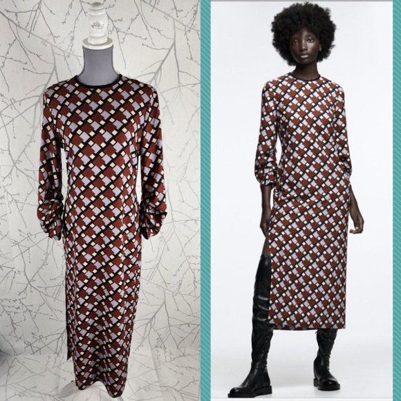 Zara | Dresses | Zara Diamond Printed Side Slit Long Midi Dress W ...